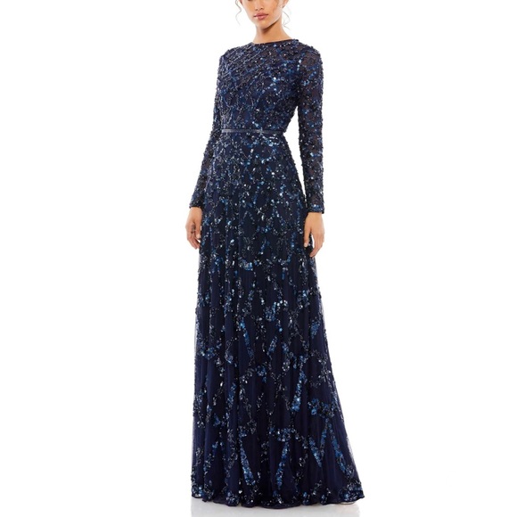 Mac Duggal | Dresses | Mac Duggal Midnight Blue Embellished Illusion High Neck Long Sleeve Aline ...